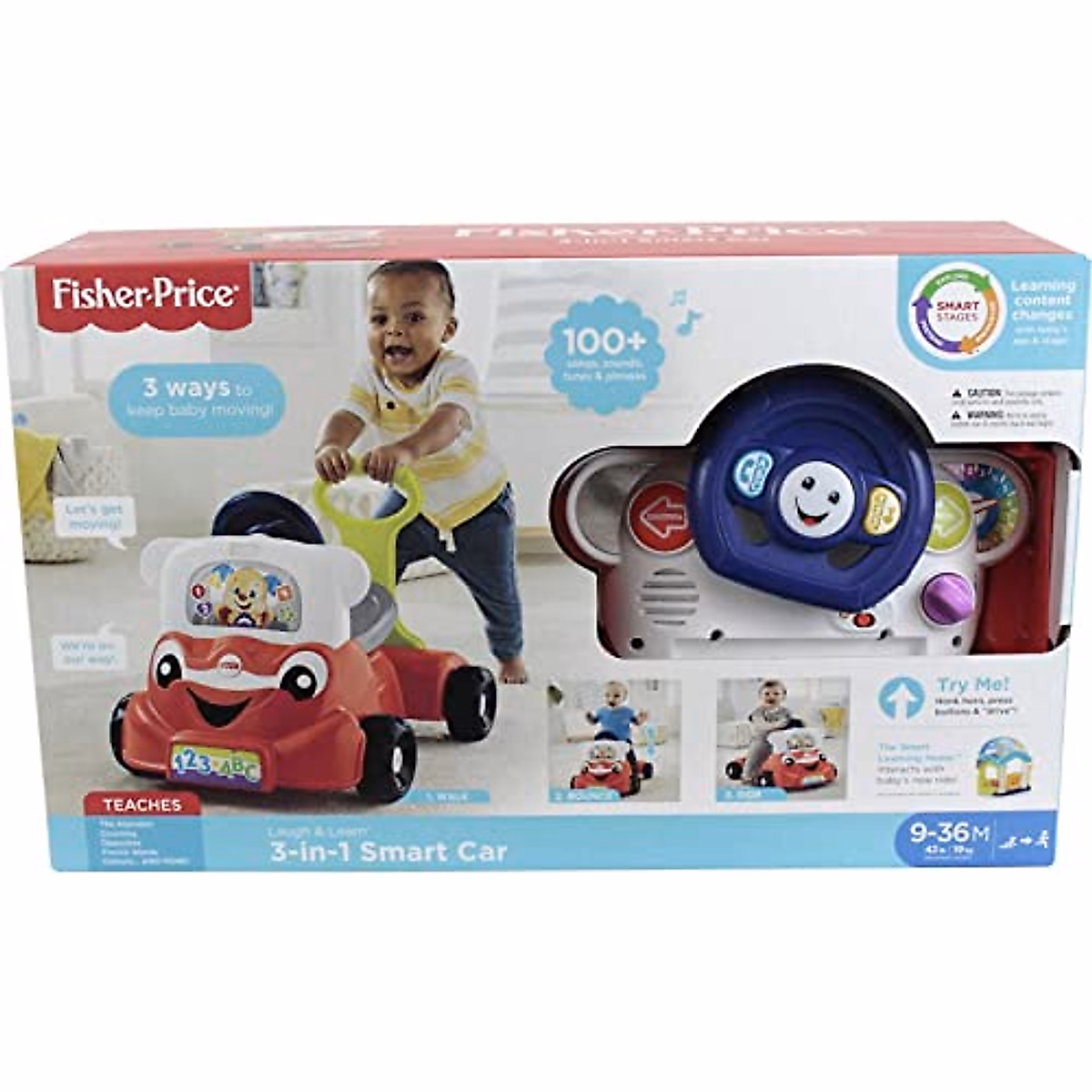 Fisher-Price Laugh & Learn 3-In-1 Smart Car, Baby Walker & Toddler Ride-On Toy with Smart Stages Learning Content for Ages 9+ Months