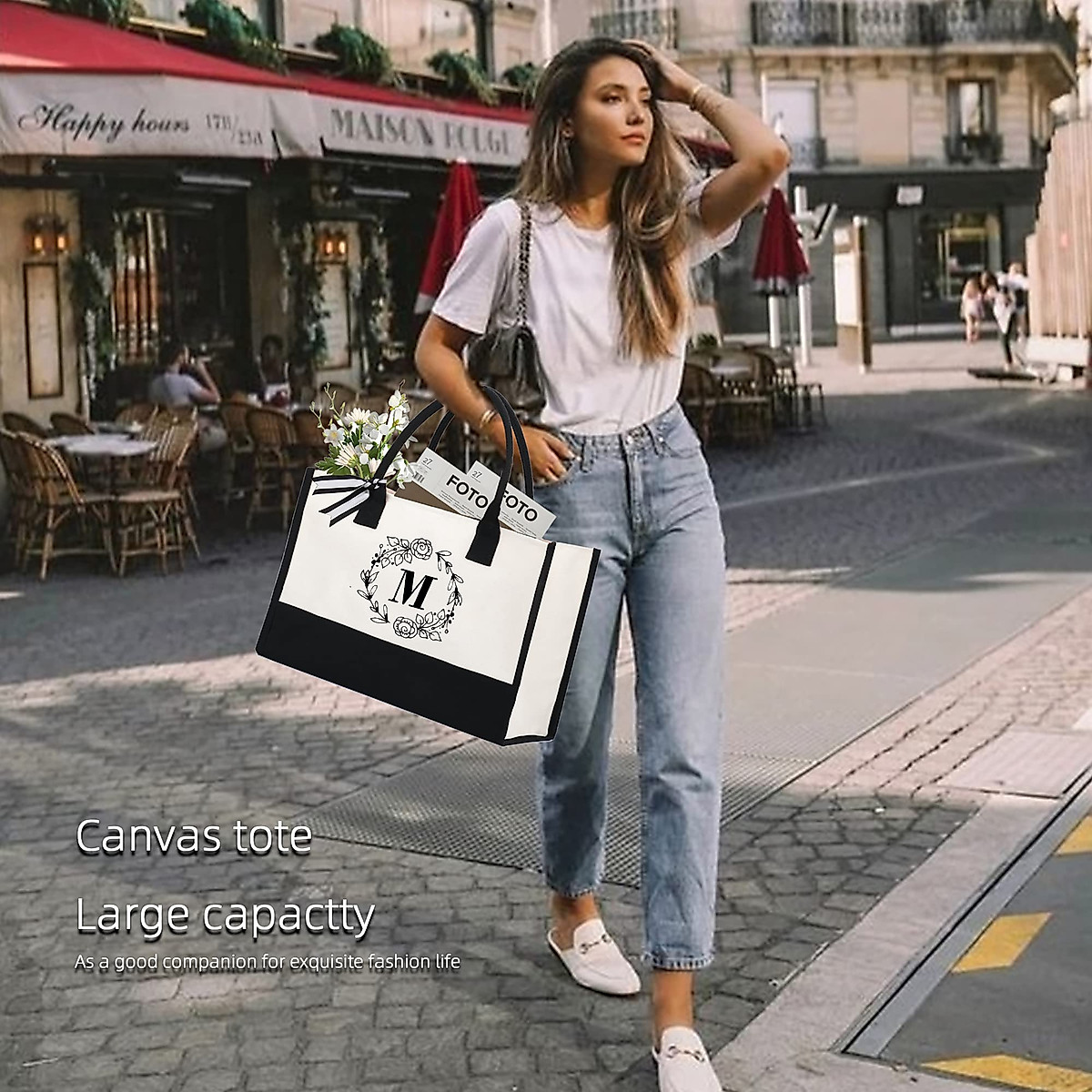 SUNELGIRL Christmas Gifts for Women-Initial Tote Bags for Women Canvas Bag, Bride Bag Bridal Shower Gift, Gifts for Sisters