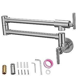 VEVOR Pot Filler Faucet, Solid Brass Commercial Wall Mount Kitchen Stove Faucet with Gold Brushed Finish, Folding Restaurant Sink Faucet with Double Joint Swing Arm & 2 Handles