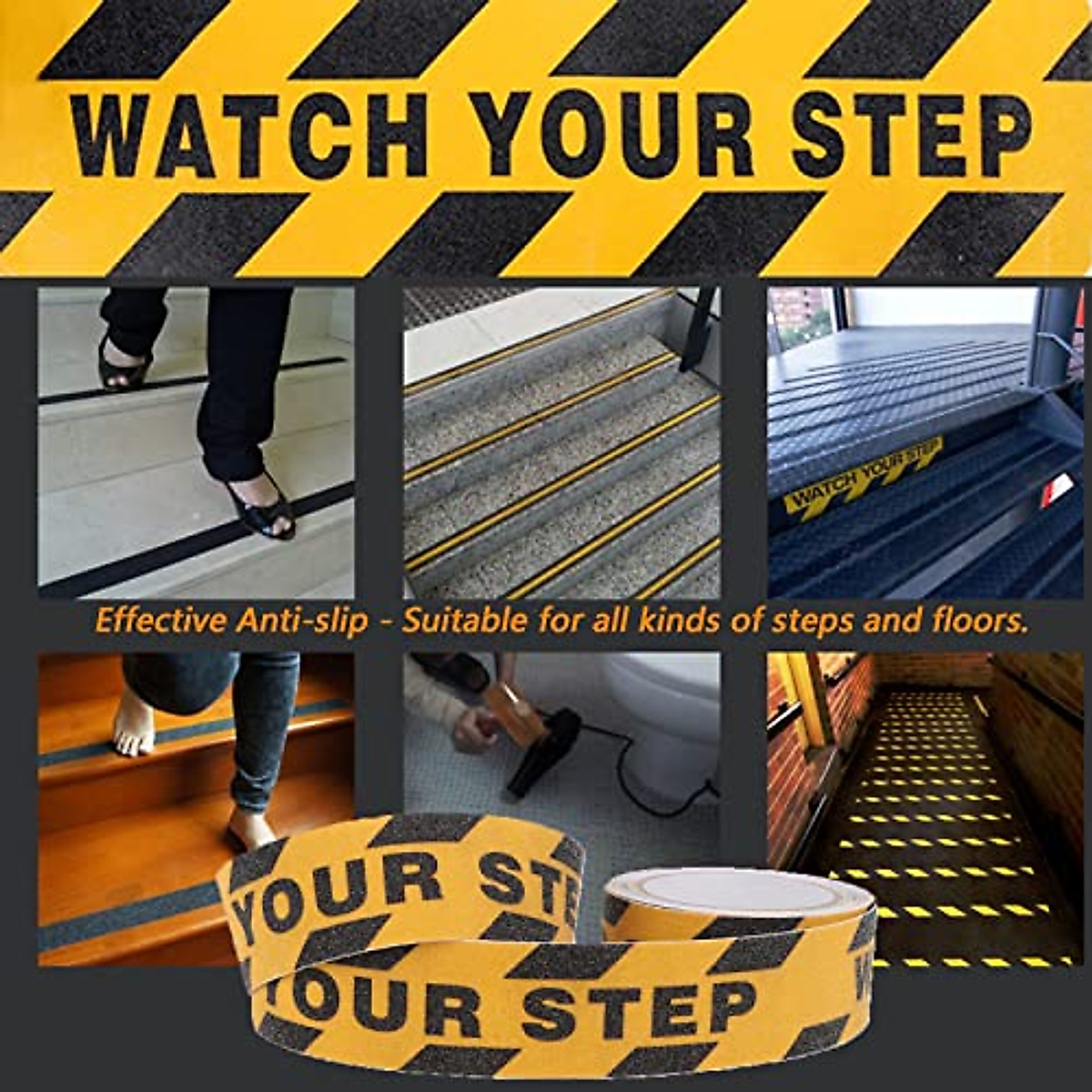 Watch Your Step Floor Signs, Heavy Duty Anti-Slip Safety Roll Grip Strip Non-Slip Traction Step Tape, 2 X 16.4' Anti Slip Tape Stickers, Abrasive Adhesive for Stairs, Safety, Tread Step, Indoor
