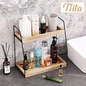 Tiita 2 Tier Bathroom Counter Organizer, Wood Bathroom Countertop Organizer, Kitchen Spice Rack Storage Shelf, Standing Vanity Tray for Countertop, Coffee Station Organizer