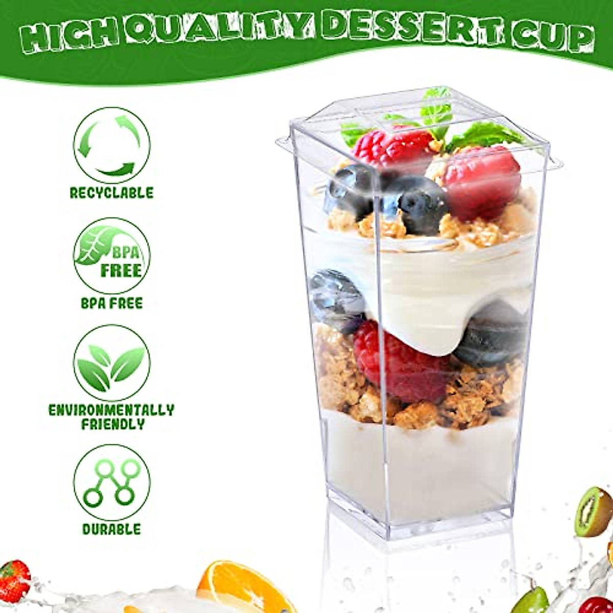 150 Pack 5.6, 3, 2 oz Mini Square Dessert Cups with Lids and Spoons Clear Plastic Parfait Cups Disposable Appetizer Cups Small Dessert Shooter Cups for Serving Party Pudding Fruit and Ice Cream