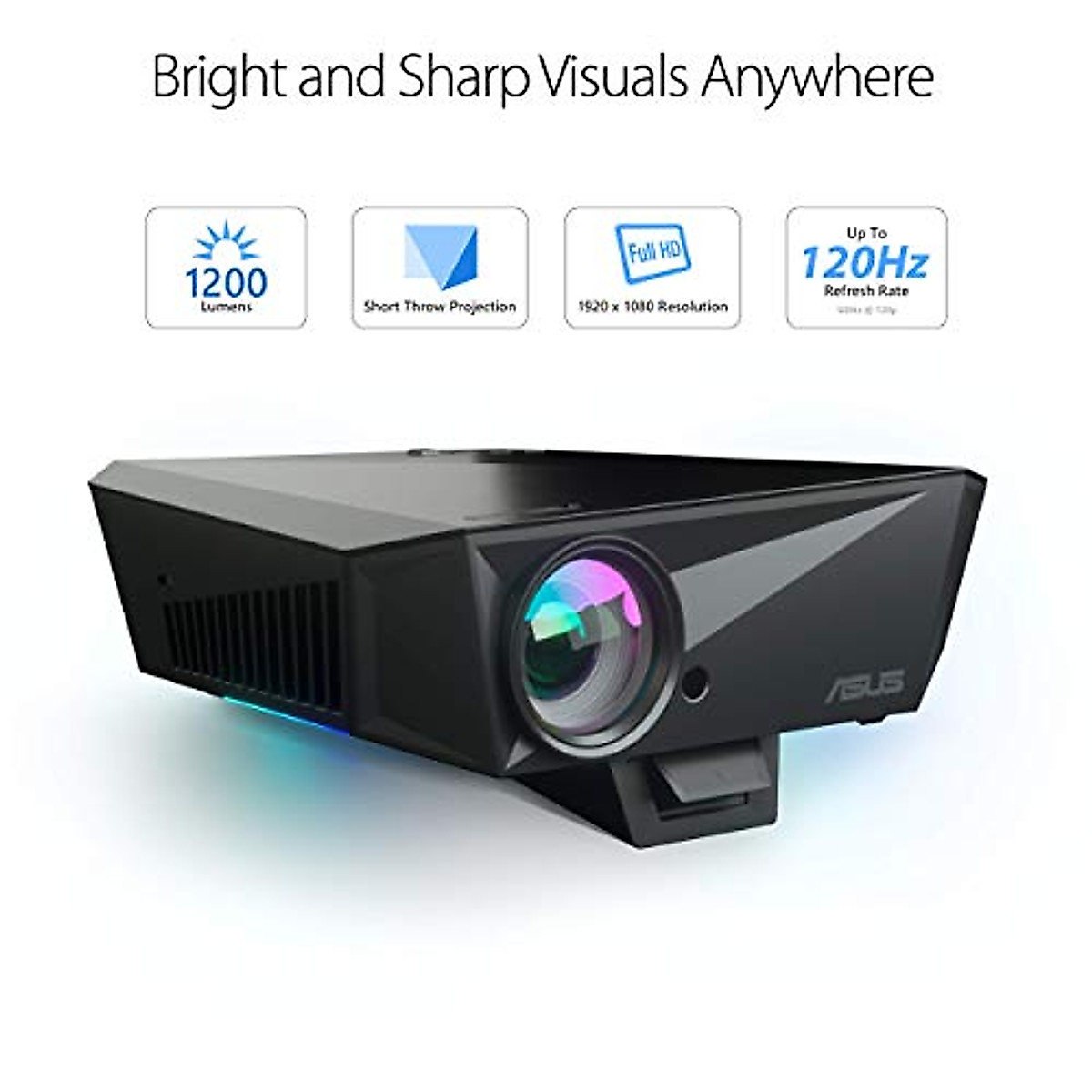ASUS F1 LED Projector, FHD 1080P 1200 Lumens, 3D, Short Throw | Premium Audio by Harman Kardon | Wireless Projection | Remote Control | 2 Years Warranty (Renewed)