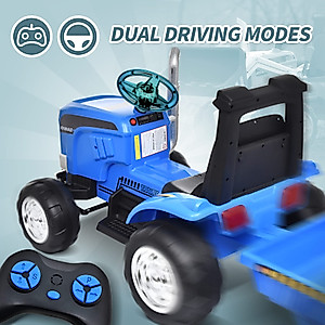 Joywhale 12V Kids Ride on Tractor with Trailer Battery Powered Motorized Electric Car for Kids Ages 3-6, with Detachable Trailer, 2.4G Remote Control, Exhaust Pipe & Bright Headlight, Blue