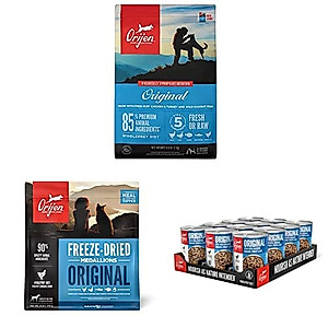 Bundle of ORIJEN Dog Original Recipe, 4.5lb, Grain-Free Dry Dog Food + ORIJEN® Freeze Dried Dog Food & Topper, Original Recipe, 6oz + ORIJEN Real Meat Shreds, Original Stew, Wet Dog Food (Case of 12)