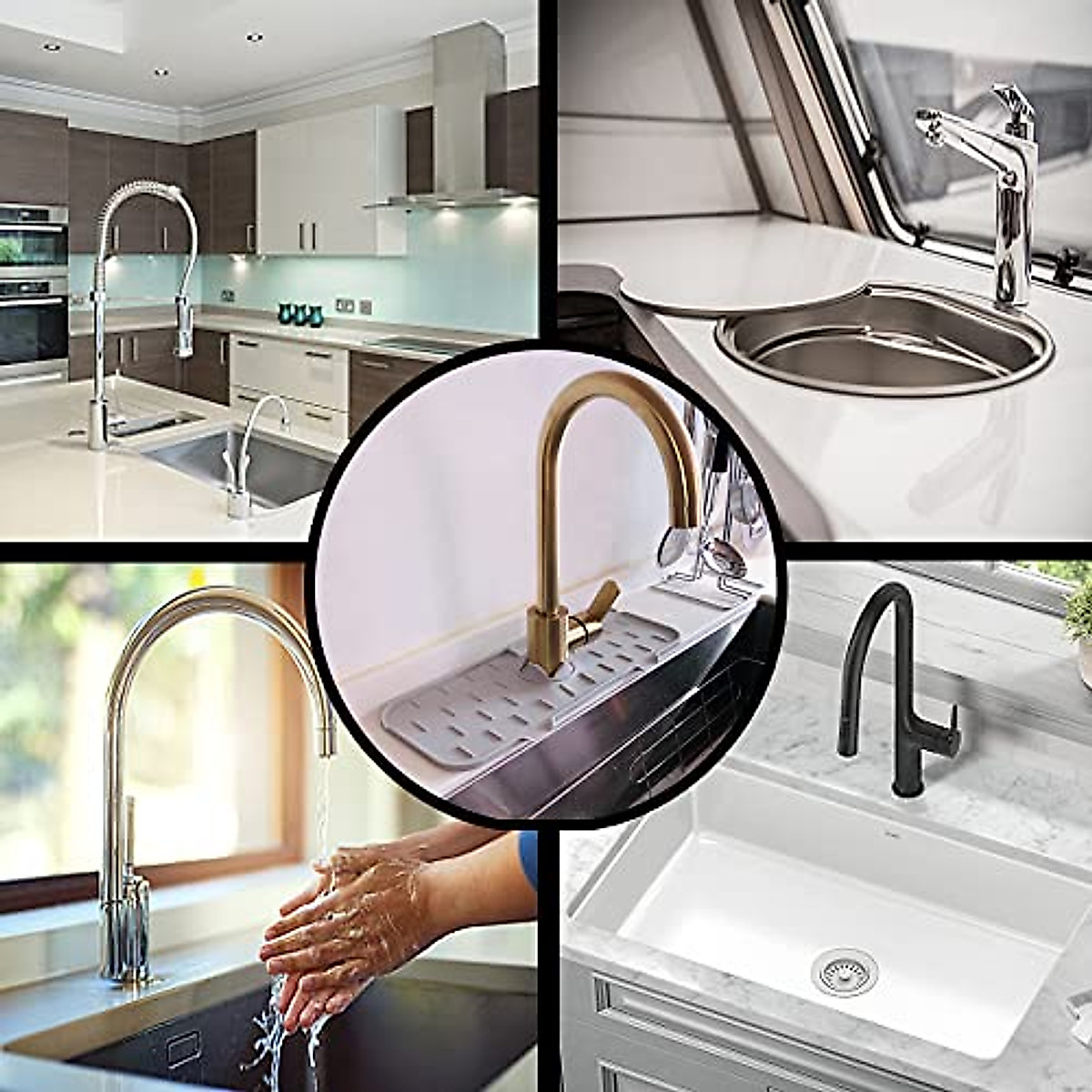 Kitchen Faucet Sink Splash Guard， Silicone Faucet Water Catcher Drying Mat， Sink Draining Pad for Bathroom, Farmhouse，RV and Washroom (Black)