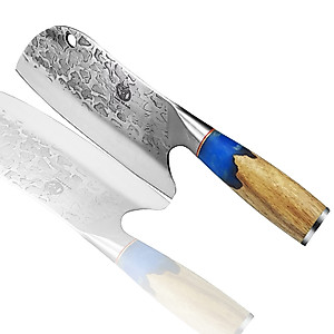 ZENG JIA DAO Forged Serbian Chefs Knife, Butcher Knife Forged in Fire, 8'' Cleaver Knife HC Steel Bone Cutting Knife Ergonomic Pakka Wood Blue Resin Handle for Kitchen/Restaurant/Slaughter House