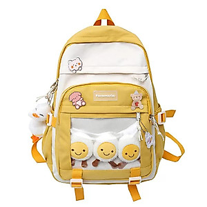 Kawaii Aesthetic Cute Back to School Backpack with Lovely Accessories and Pendant for Girls and Boys in 4 Colors (Yellow)