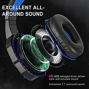 Atrasee Stereo Gaming Headset with Mic for PS4 PC PS5 Xbox One Nintendo Switch, Noise Cancelling Headphones Over Ear with Surround Bass, Soft Earmuffs, LED Light, 3.5mm Aux for Mac Laptop, Blue