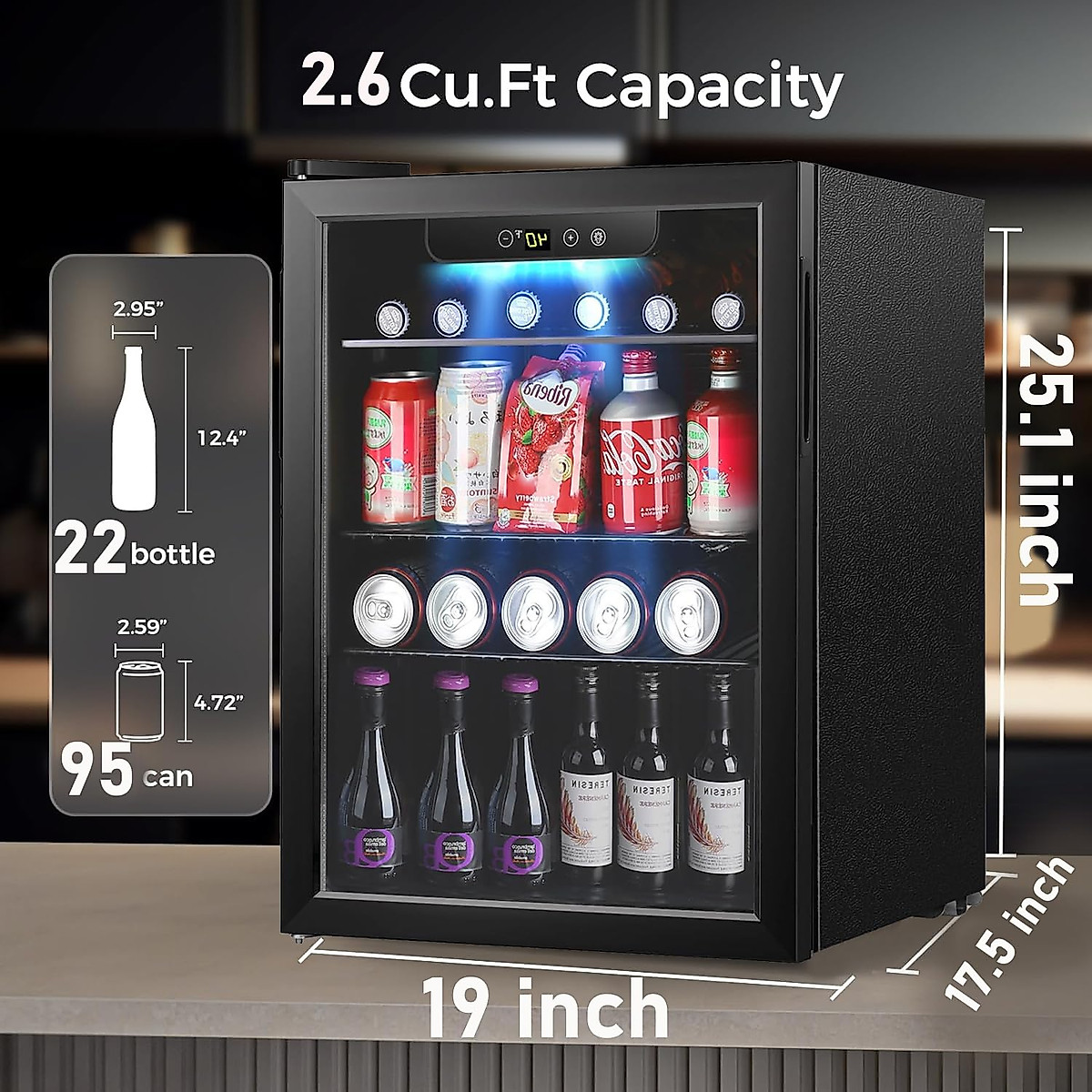 Kndko Mini Beverage Refrigerator and Cooler - 95 Can Mini Fridge with Digital Temperature Control, LED Light, Reversible Door, Perfect for Home, Office, Bar, and Game Room - 2.6 Cu.Ft, Black