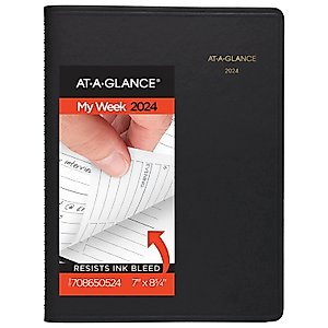 AT-A-GLANCE 2024 Weekly Planner, Hourly Appointment Book, 7" x 8-3/4", Medium, Black (708650524)
