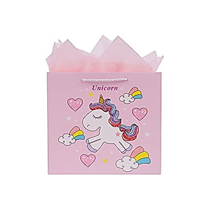 Lyforpyton Large Gift Bags with Tissue Paper 12"x4.7"x10.6" Pink Unicorn Gift Bags for Kids Birthday Party, Baby Shower