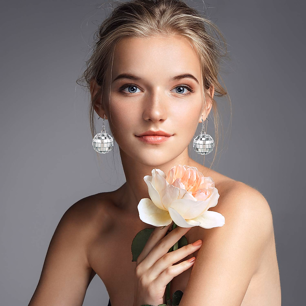 Hicarer Disco Mirror Ball Earrings 60's or 70's Dance Party Silver Costume Accessories for Women and Girls 2024 New Year Party(5 Pairs)