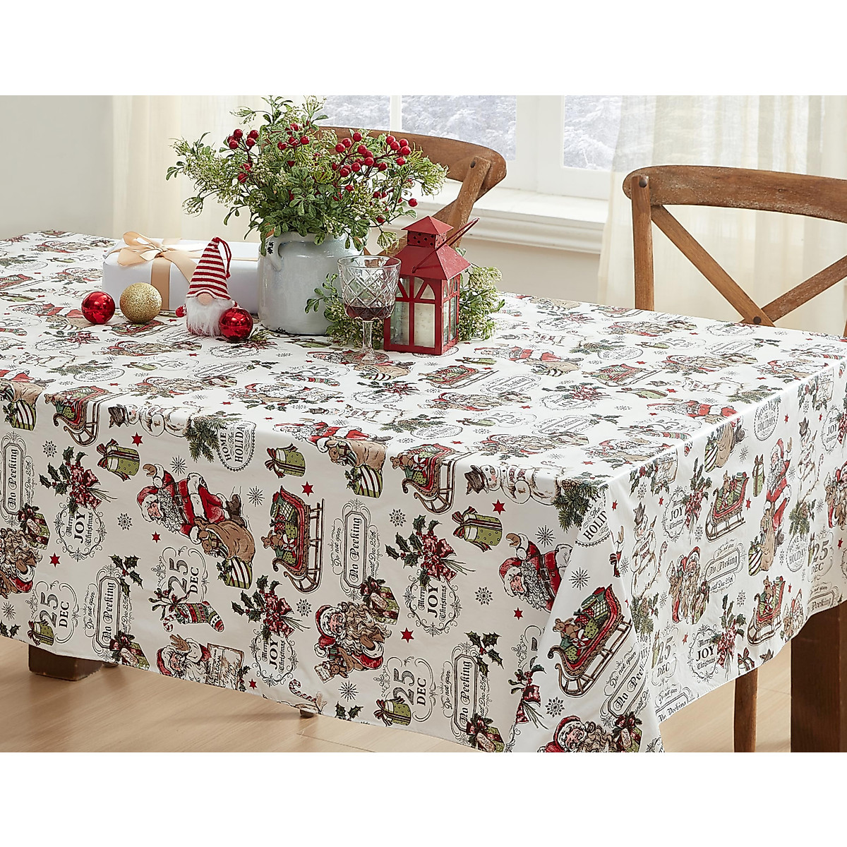Newbridge Vintage Nostalgia Home for Holidays Print Flannel Back Vinyl Christmas Tablecloth - Vintage Santa Claus, Snowman and Sleigh Xmas Wipe Clean Easy Care Tablecloth, 52" x 52" Square