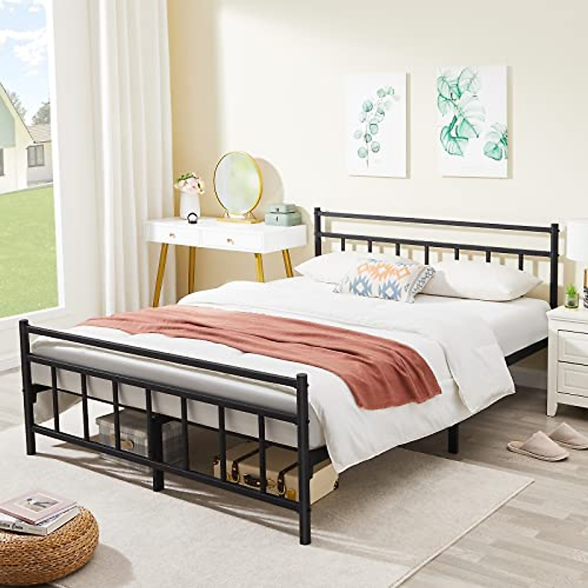 GreenForest Queen Bed Frame with Headboard Metal Platform Bed Heavy Duty No-Noise Steel Slats Support Mattress Foundation, No Box Spring Needed, Queen Size