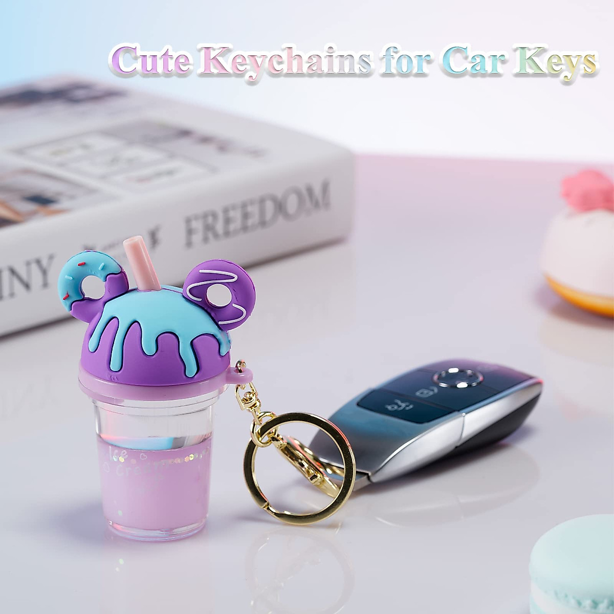 YOU WIZV Liquid Keychain, Kawaii Cute Boba Tea Water Key Chain for Backpacks, Aesthetic Donut Keychain for Girls, Kids,Women, Daughters, Boys（Purple Keychain）