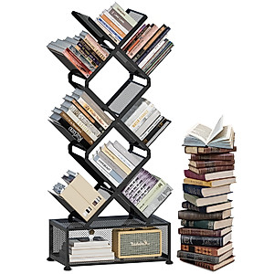 HI NINGER Folding Bookshelf,9 Tier Tree Bookshelf with Storage Cabinet,Stylish Design Metal Bookshelf for Display of CDs,Books in Living Room,Home Office,Tall Floor Standing Book Organizer for Bedroom