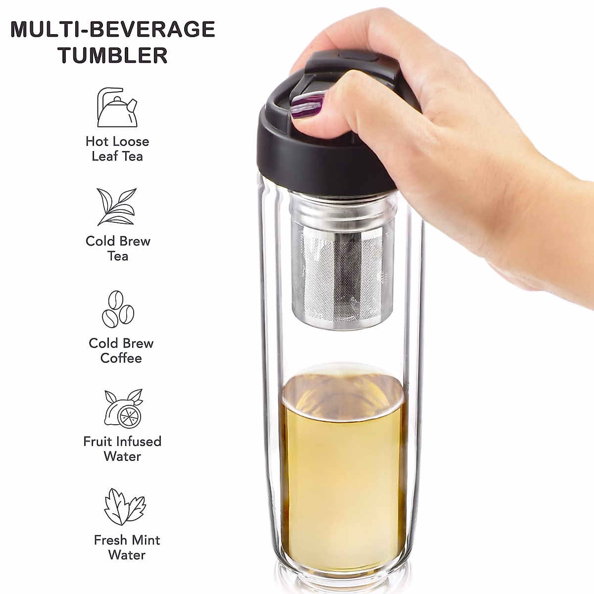 Teabloom Travel Tea Infusing Cup – Insulated Borosilicate Glass Bottle with Magnetic Controlled Infuser and Flip Lid for Hot Tea, Cold-brew Coffee, Fruit Water – The Innovator Tumbler (15oz/450ml)