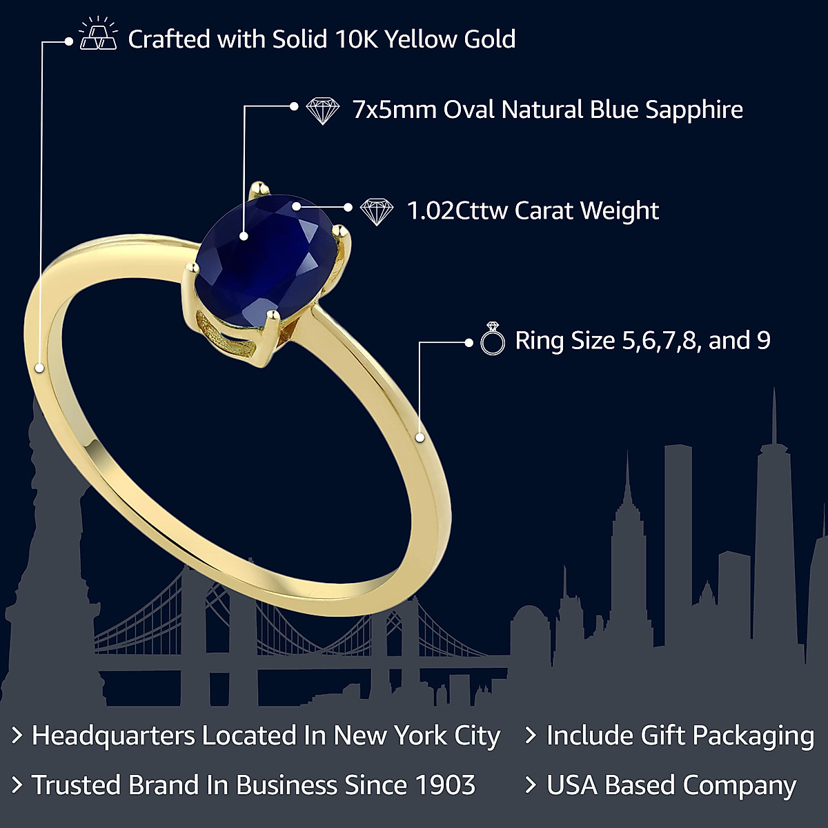 Gem Stone King 10K Yellow Gold Blue Sapphire Solitaire Engagement Ring | 1.02 Cttw | Oval 7X5MM | Gemstone Birthstone | Wedding Engagement Anniversary Promise Ring For Women (Size 9)