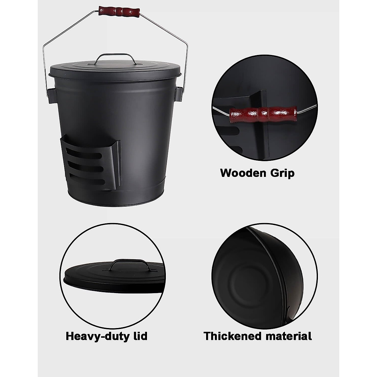 vensovo 5 Gallon Ash Bucket with Lid - Shovel, Broom, and Gloves, Heavy Duty Galvanized Iron, Fire-Resistant, Black Finish Perfect for Fireplaces, Fire Pits, Wood-Burning Stoves, and Grills