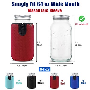 Desing Wish 64 oz Wide Mouth Mason Jar Neoprene Sleeve, 64oz Non-slip Cozy Insulated Glass Jars Protector Holder Sleeves 4.3 x 7.5 Inches - 4 Pack (Black/Red/Blue/Cyan)