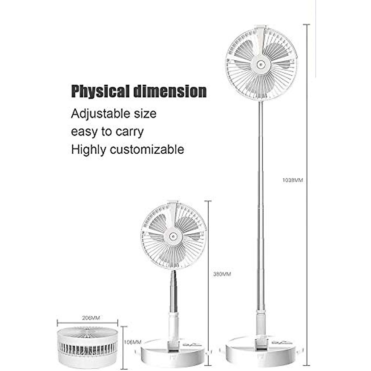 Lrufodya Portable floor Fan, Height Adjustable Folding Telescopic Table Fan, USB Rechargeable Personal Travel Fan with 4 Wind Speeds Air Humidifier LED Lamp and Night Light for Outdoor Camping
