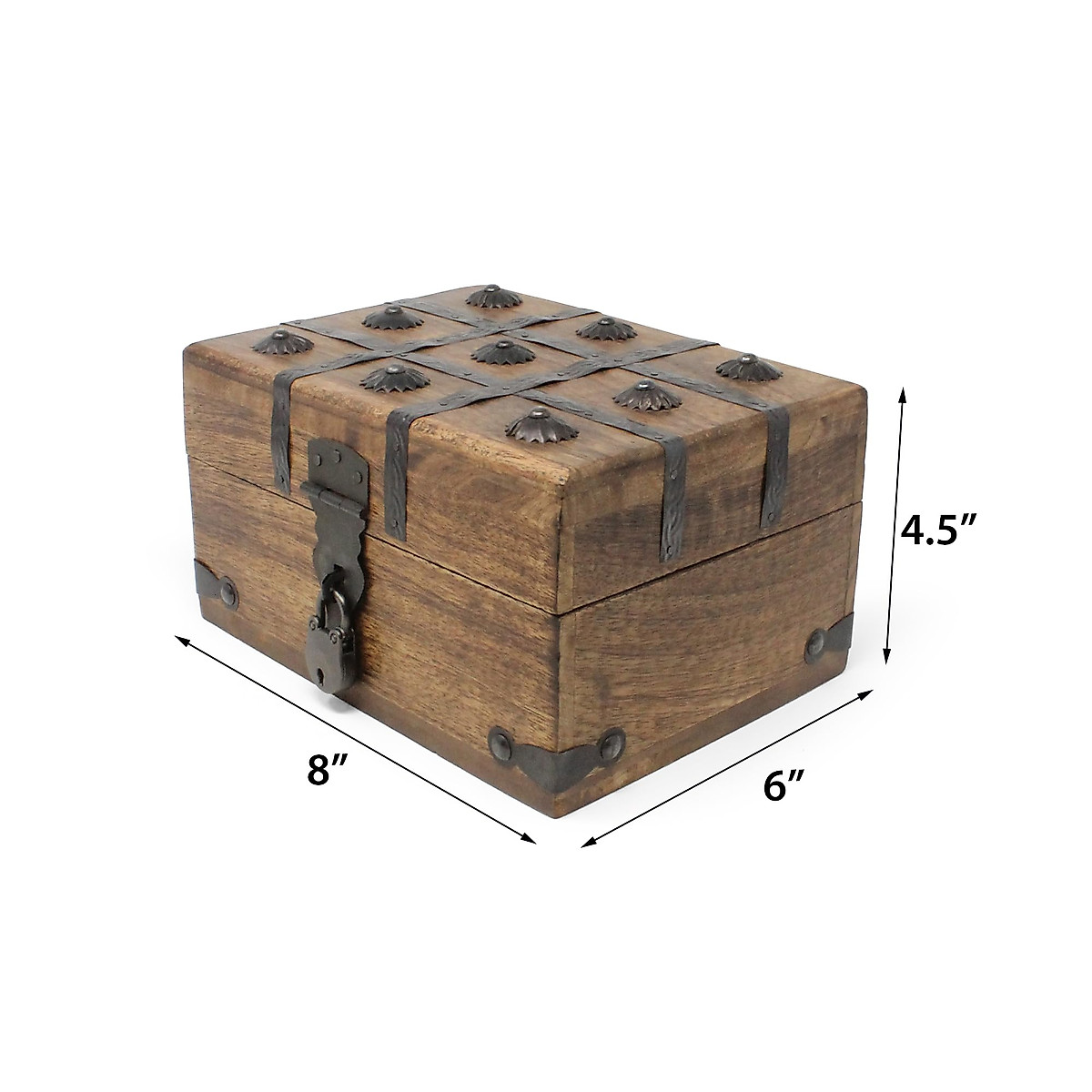 Nautical Cove Treasure Chest Wooden Box with Antique Iron Lock and Skeleton Key - Storage and Decor (Small 8 x 6 x 4.5)