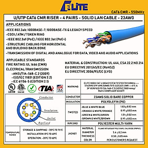Cat6 Riser (CMR), Ethernet Cable 1000 feet, Blue, No Spline, Unshielded Twisted Pair (UTP) 23AWG, Solid Pure Bare Copper, 550MHz, UL Certified, Easy to Pull (Reelex II) Box, Bulk Networking LAN Cable