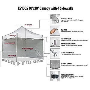 E-Z UP ES100S Instant Commercial Canopy, 10' x 10' with 3 Sidewalls, 1 Mid-Zip Sidewall and Wide-Trax Roller Bag, White