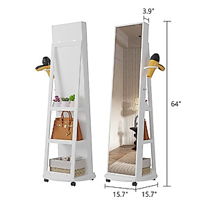 HNEBC 360° Swivel Jewelry Armoire with Mirror, LED Mirror Jewelry Cabinet Standing, Full Length Mirror with Jewelry Storage, Standing Jewelry Organizer/Lockable Wheels/Foldable Makeup Shelf (White)