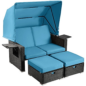 LEISU Outdoor Patio Furniture Sunbed with Retractable Canopy, PE Wicker Rattan Rectangle Sectional Sofa Set Clamshell Sectional Seating with Washable Cushions for Lawn Garden Backyard Poolside (Blue)