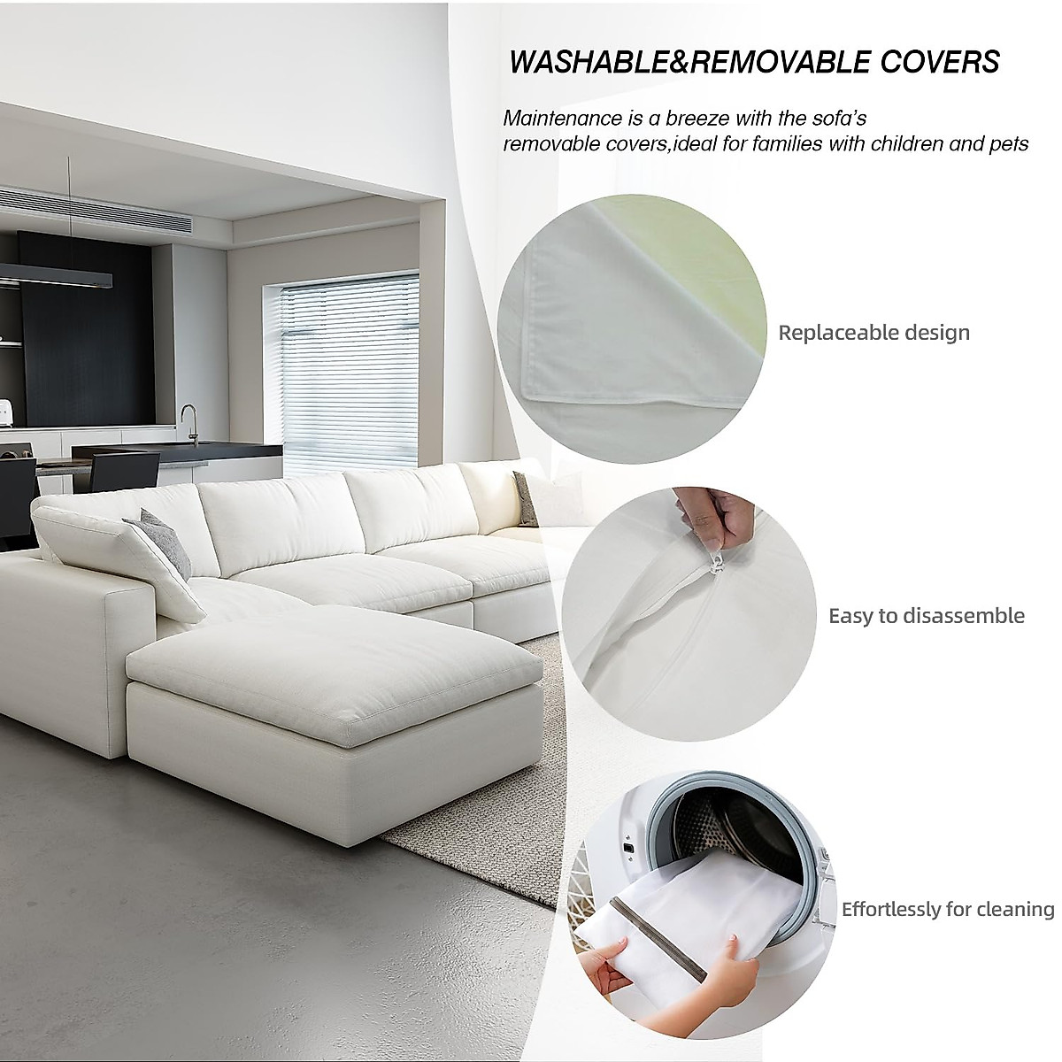 Cloud Modular Sectional Sofa with Storage Ottoman,120" L Shaped Sectional Couches for Living Room,Down Filled Comfort Minimalist Deep Sofa Couches for Office Apartment (White, 3 Seater+1 Ottoman)