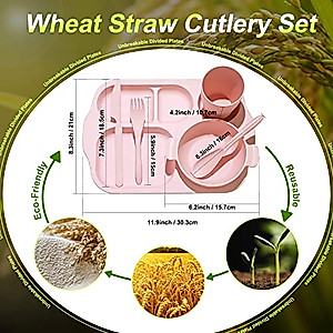 24 Pcs Wheat Straw Dinnerware Cutlery Set Including Kids Toddlers Divided Plates Microwave Dishwasher Safe Bowl Unbreakable Tableware Straw Cutlery Spoon Knife Fork Cup (Beige/Pink/Green/Blue)
