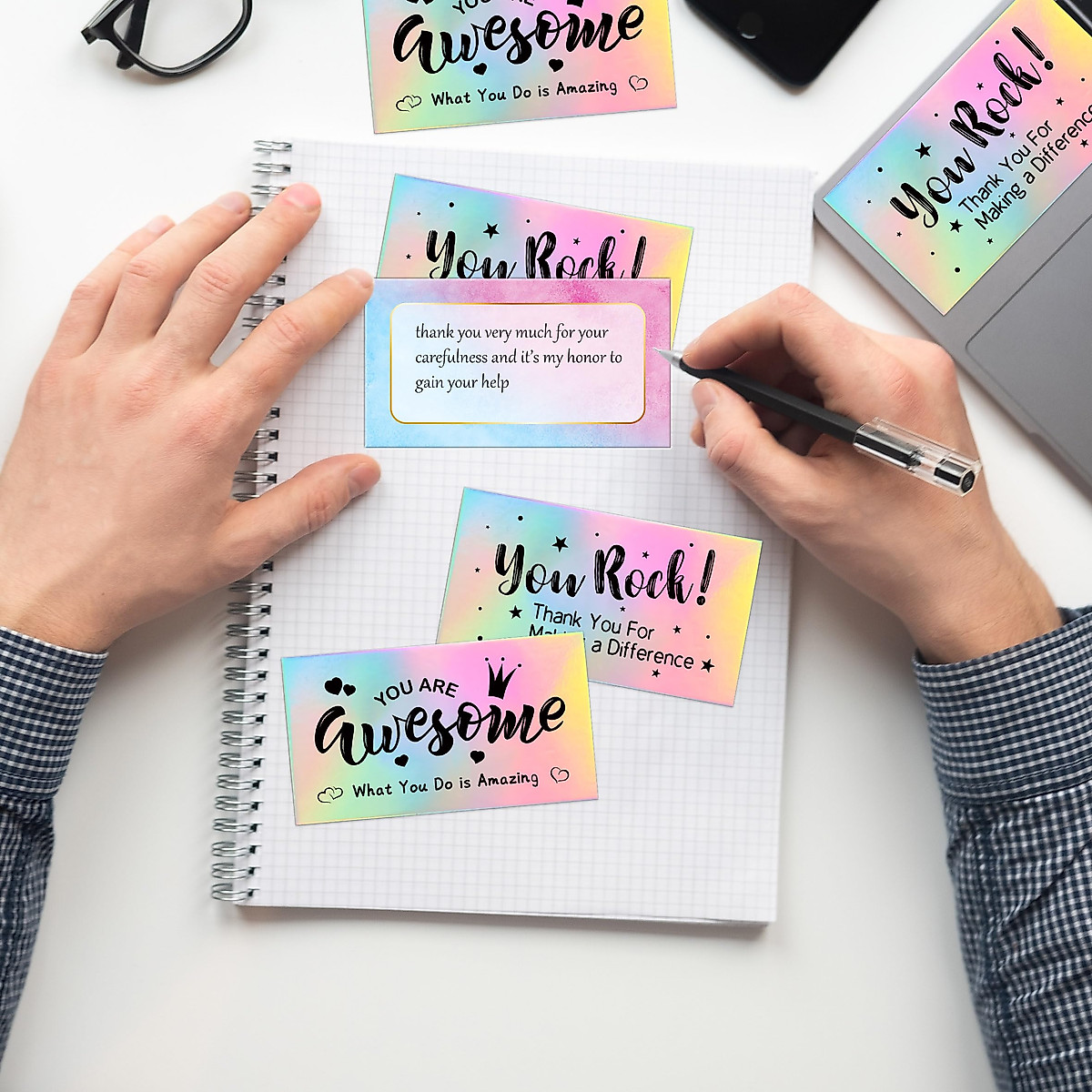 YHNTGB 210 pcs Holographic Thank You Cards bulk appreciation gifts You are Awesome You Rock Greeting Cards Thank You for Making a Difference Cards for Students Volunteers Doctors Teachers businessman