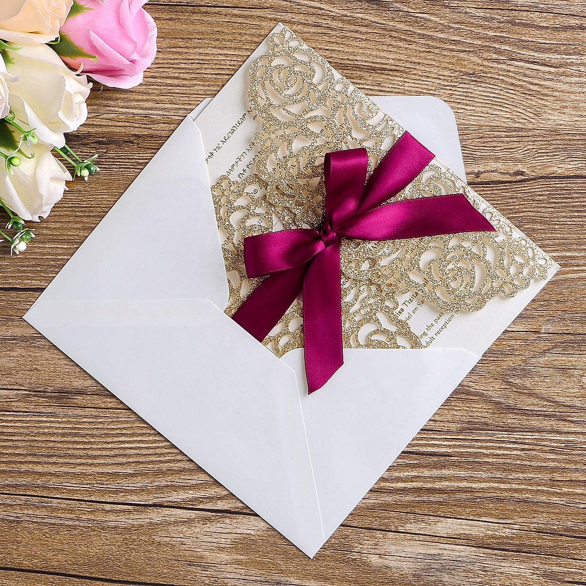 ponatia 25PCS Hollow Rose Laser Cut Wedding Invitations Cards with Envelopes, Printable Paper with Burgundy Ribbons For Wedding Bridal Shower Engagement Sweet 16 Birthday Invite (Gold Glitter)