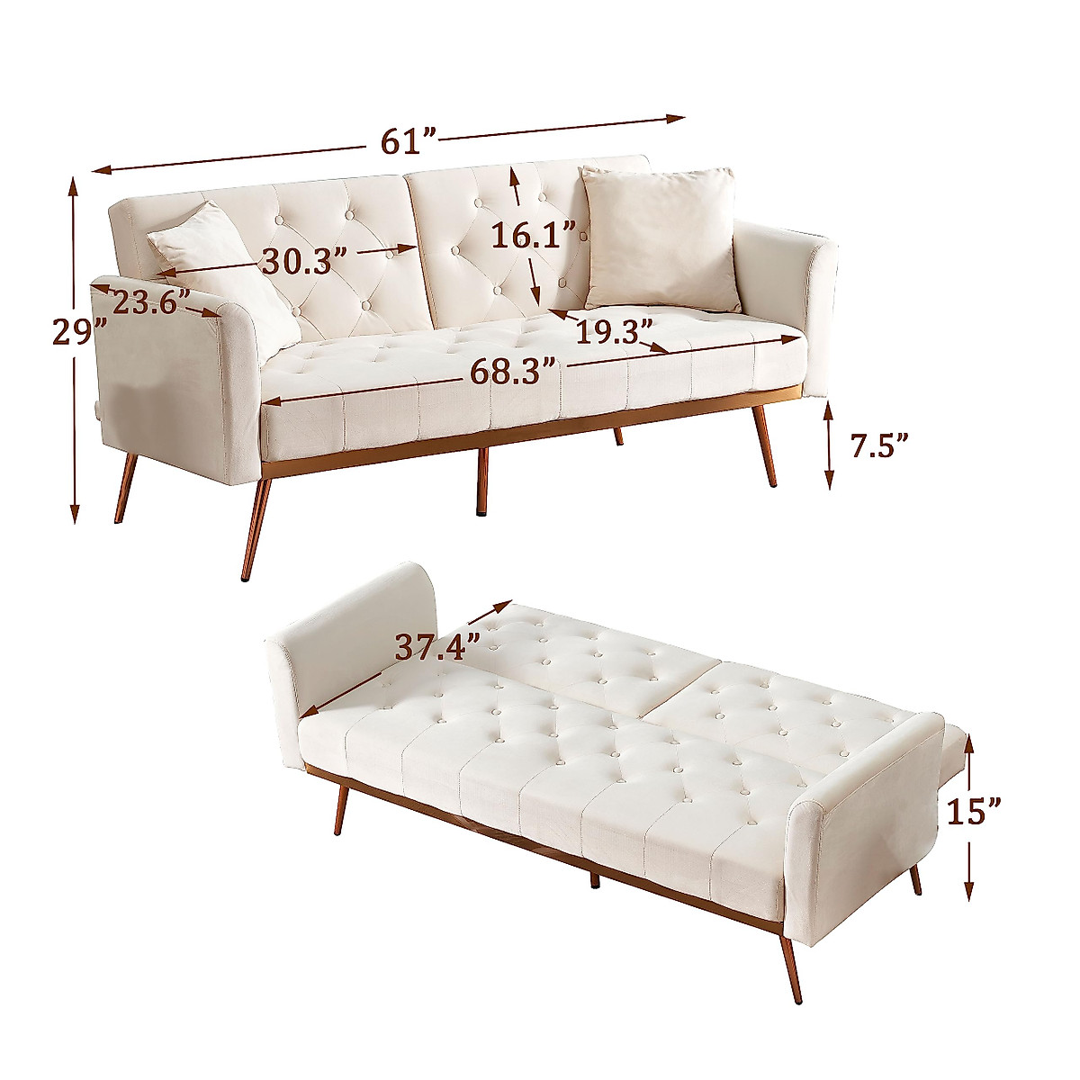 NoeBanJe Mid Century Modern Velvet LoveSeat Couches, Convertible Futon Sofa Bed with Metal Legs and Pillows, Adjustable Sleeper Sofa for Small Spaces, Bedroom Living Room (Beige)