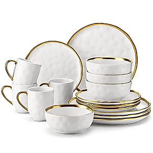 LOVECASA Stoneware Dish Set for 4, Handmade Plates and Bowls Sets, 16 PCS White and Gold Dinnerware Sets, Dishwasher Safe