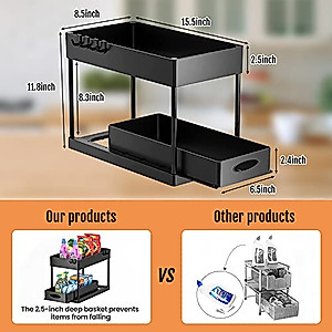 Multi-purpose Under Sink Shelf Organizer - 2-Tier Sliding Storage Drawer Basket Hollow Design Storage Organizer with Hooks,Support Tubes,Antil-slip pads,Suitable for Kitchen Bathroom (Single pull)