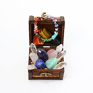 Nvzi Crystals and Healing Stones Set in Wooden Display Box, Gemstones and Crystals Kit, 7 Chakra Stones, Spiritual Gifts for Women, Witchcraft Supplies and Tools, Raw Crystals for Beginners