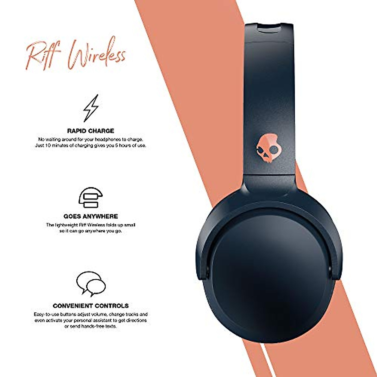 Skullcandy Riff On-Ear Wireless Headphones, 34 Hr Battery, Microphone, Works with iPhone Android and Bluetooth Devices - Blue/Sunset