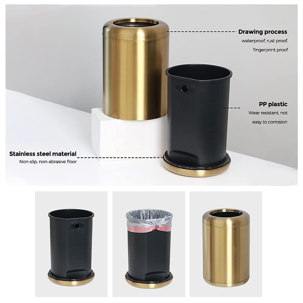 LEASYLIFE 8L/2.1gal Brushed Nickel Gold Trash Can,Small Gold Trash Can,Brass Trash Can for Bathroom,Powder Room,Bedroom,Office (Gold)