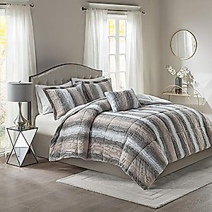 Madison Park Zuri Soft Plush Comforter Set, Faux Fur Animal Stripes Design, Faux Mink On The Reverse, Modern All Season Bedding Set with Matching Sham, Full/Queen, Blush/Grey 4 Piece