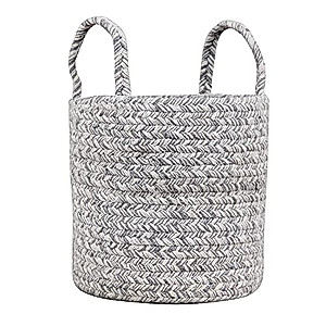 Super Area Rugs Farmhouse Plant Basket/Planter Multi Purpose Open Top Bin with Handles, Cotton Rope Basket, 8-inch, 10-inch and 12-inch Grey & White