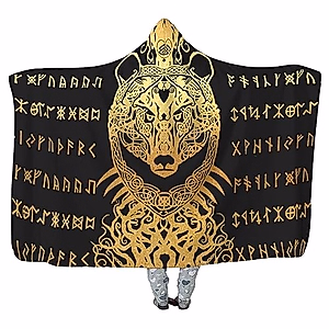 Medieval 3D Printing Hooded Blanket Warm Viking Bear Tree Of Life Bear Claw Unisex Winter Wearable Hooded Blanket Double Thick Plush Wool Blanket Cape (Color : A, Size : 80x60in/150x200cm)