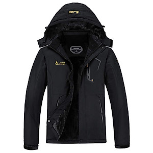MOERDENG Men's Waterproof Ski Jacket Warm Winter Snow Coat Mountain Windbreaker Hooded Raincoat, Black, Large