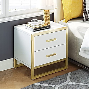 YITAHOME Nightstand with 2 Drawers, Small End Side Table with Storage, Modern Bedside Bed Table with Metal Frame for Small Space, Bedroom and Living Room, White