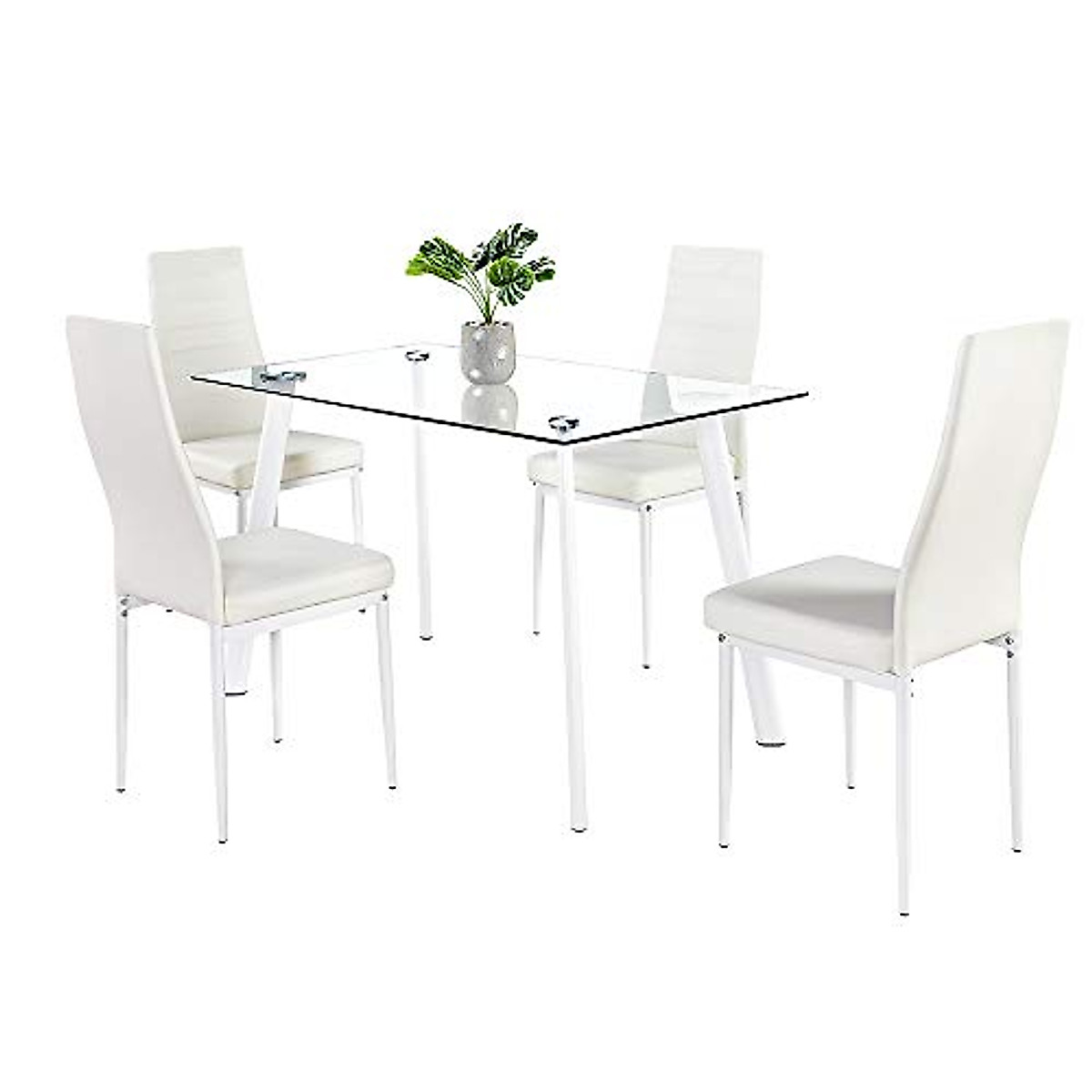 Bonnlo 5 Pieces Dining Table Set,Modern White Dining Room Table Set for 4,Small Kitchen Table and Chairs Set for 4,Glass Dinner Table Set with PU Leather Metal Frame Chairs,Clear&White
