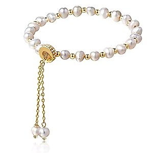 Cowlyn Pearl Bracelet Chain Link Baroque Culture Bossimi 14K Gold Filled Adjustable Fashion Valentine Charm Dainty Handmade Jewelry for Women Wife Girls Mother（with Gift Box）