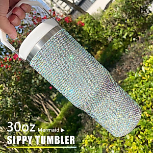 Cupcupmore Bling Mermaid Rhinestone Stainless Steel Tumbler 30oz Vacuum Insulated Water Bottle with Flip Straw & Lid &Handle, Leakproof Thermos Keeps Cold 12 Hours for Home, Office, Car, Gym, Travel