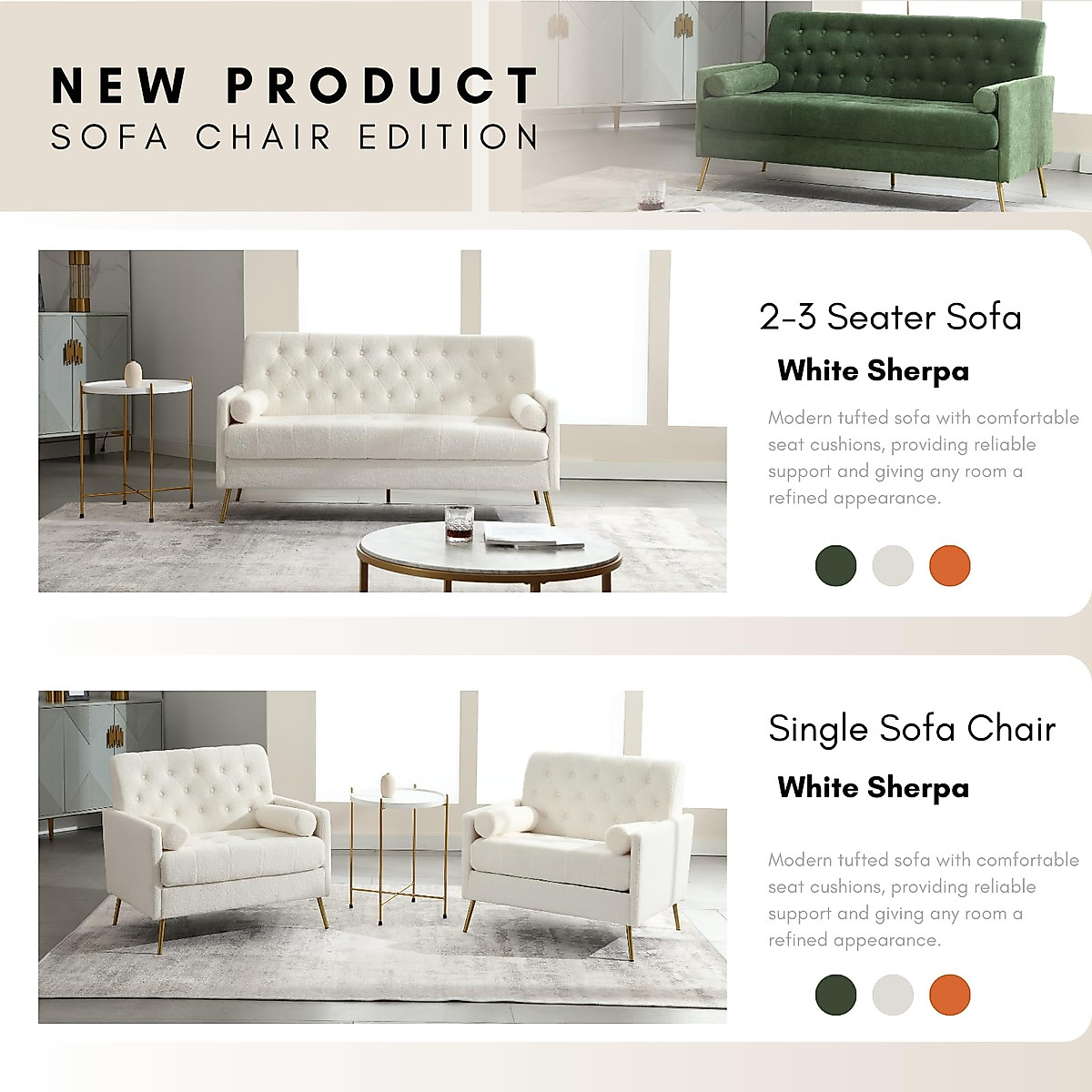 60” Couch Sofa, Mid Century Modern Upholstered Loveseat Sofa Tufted Small Sofa Faux Fur Love Seat Couch Track Armrest with 2 Bolster Pillows for Small Space Living Room Bedroom Apartment, White Sherpa